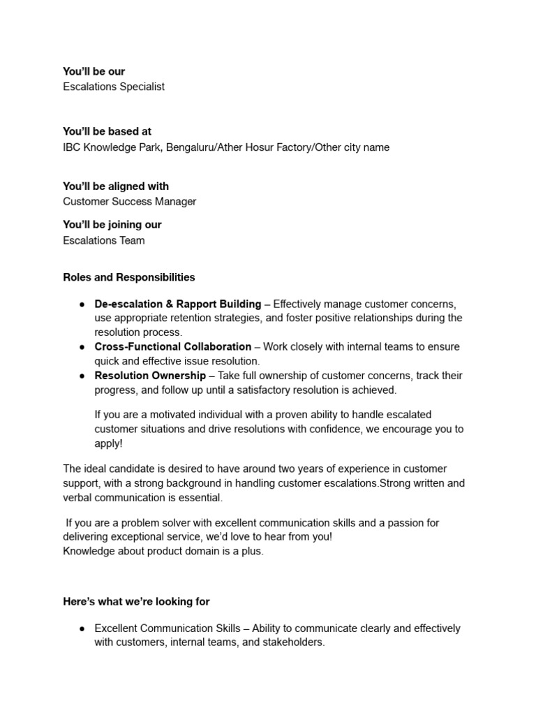Escalations Specialist - JD | PDF