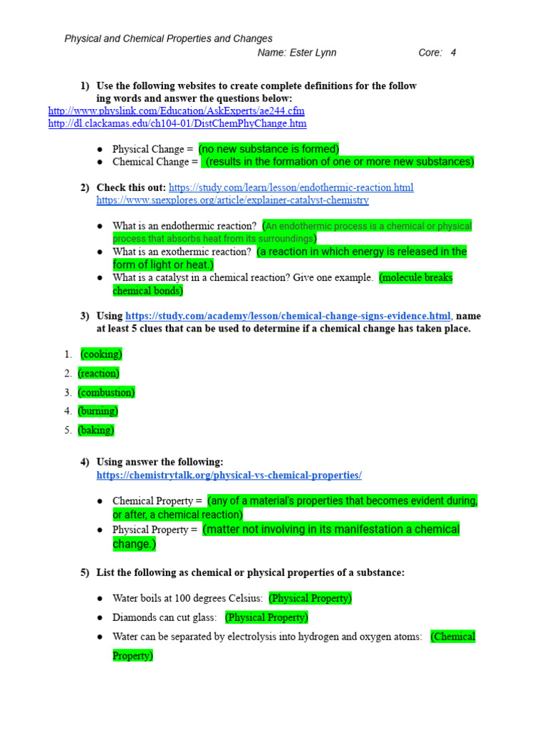 Chemical and Physical Properties - Changes Webquest | PDF | Chemical ...