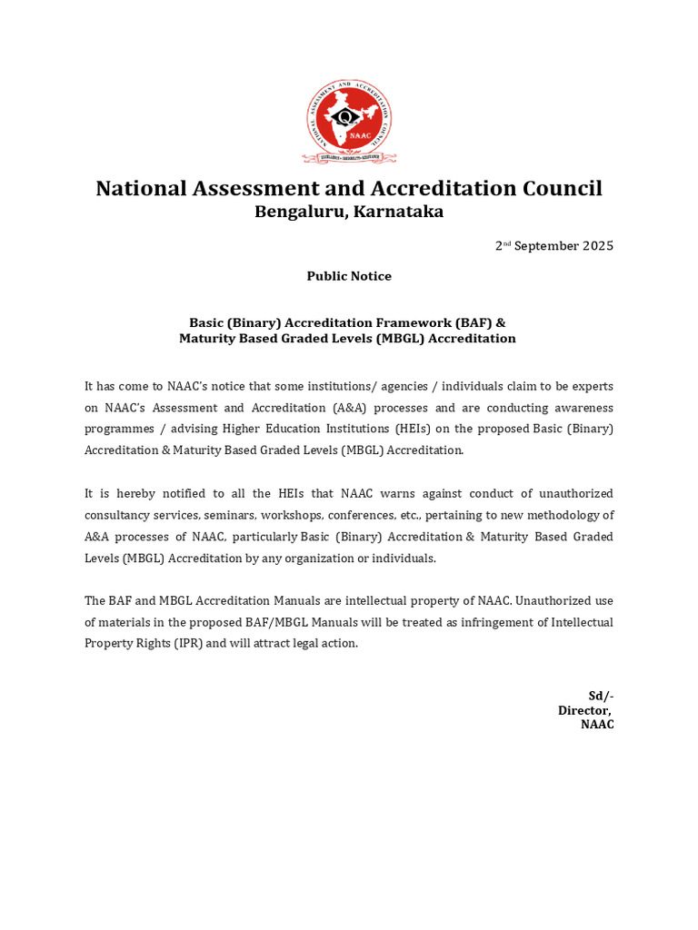 NAAC Notice on BAF & MBGL Accreditation | PDF
