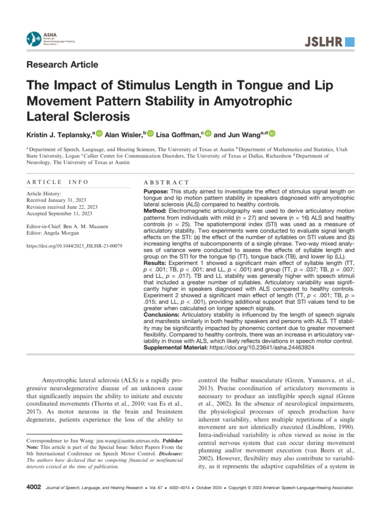 Teplansky Et Al The Impact of Stimulus Length in Tongue and Lip ...