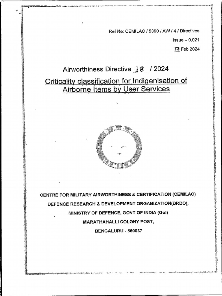 Cemilac Airworthiness Directive For Criticality Classification For ...