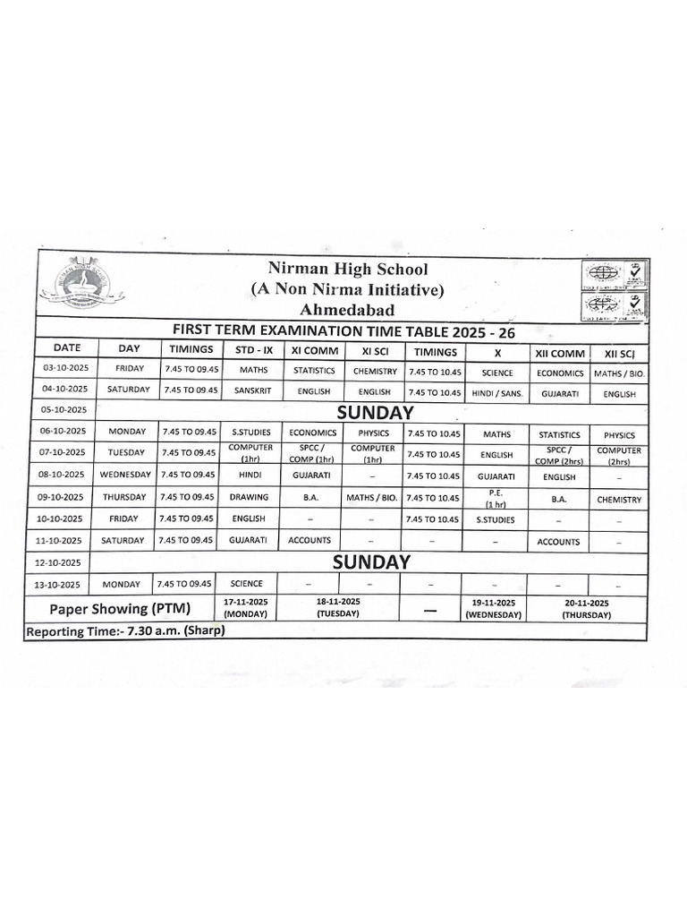 First Term Exam Time Table 2025-26 | PDF