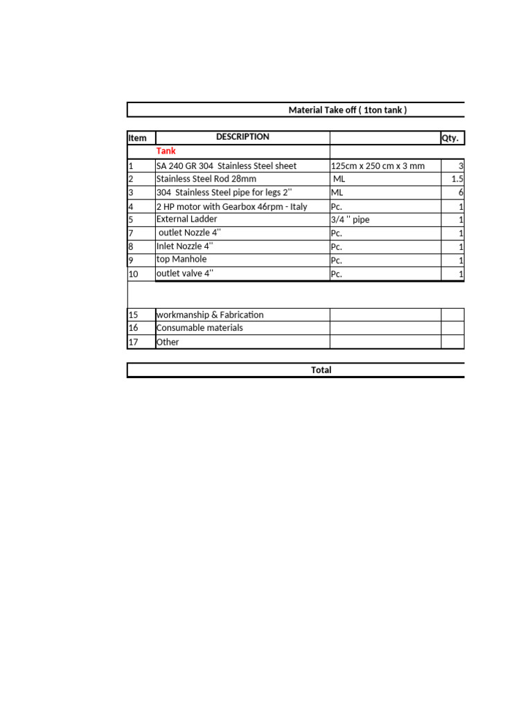 Material Take Off 1 Ton Paste Tank | PDF