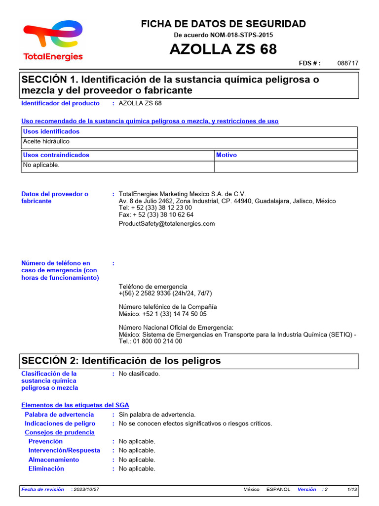 Ficha de Seguridad AZOLLA ZS 68 | PDF