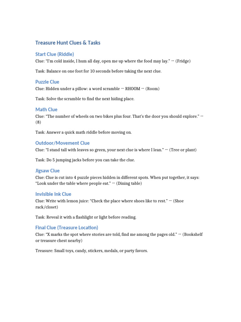 Fun Treasure Hunt Clues & Tasks | PDF