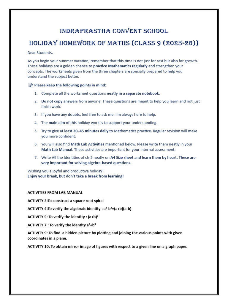 Class 9 Maths Holiday Homework 2025-26 | PDF | Cartesian Coordinate ...