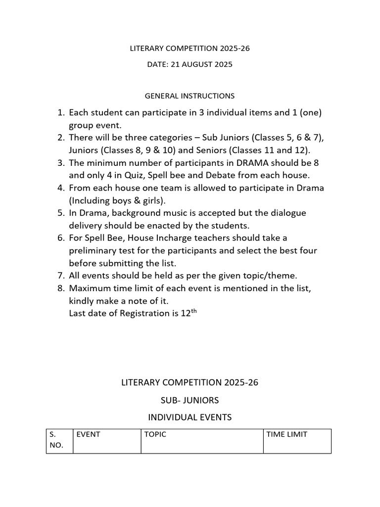 Literary Competition 2025-26 Details | PDF