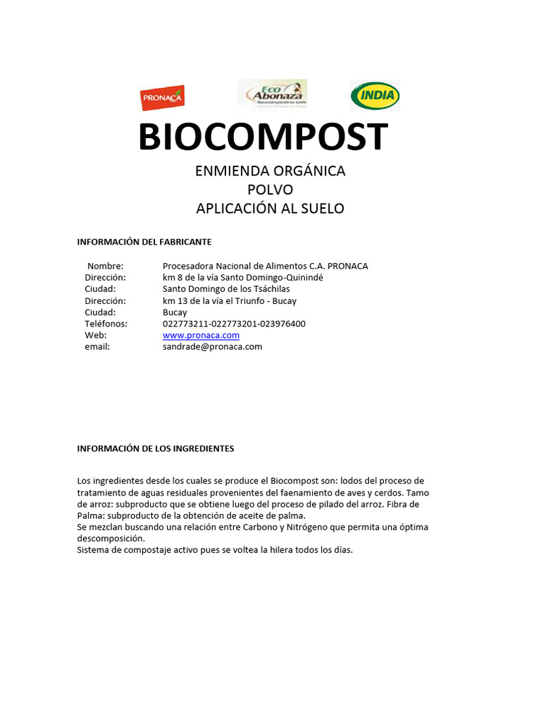 Ficha Técnica Agrocalidad Biocompost 2018 | PDF | Compost