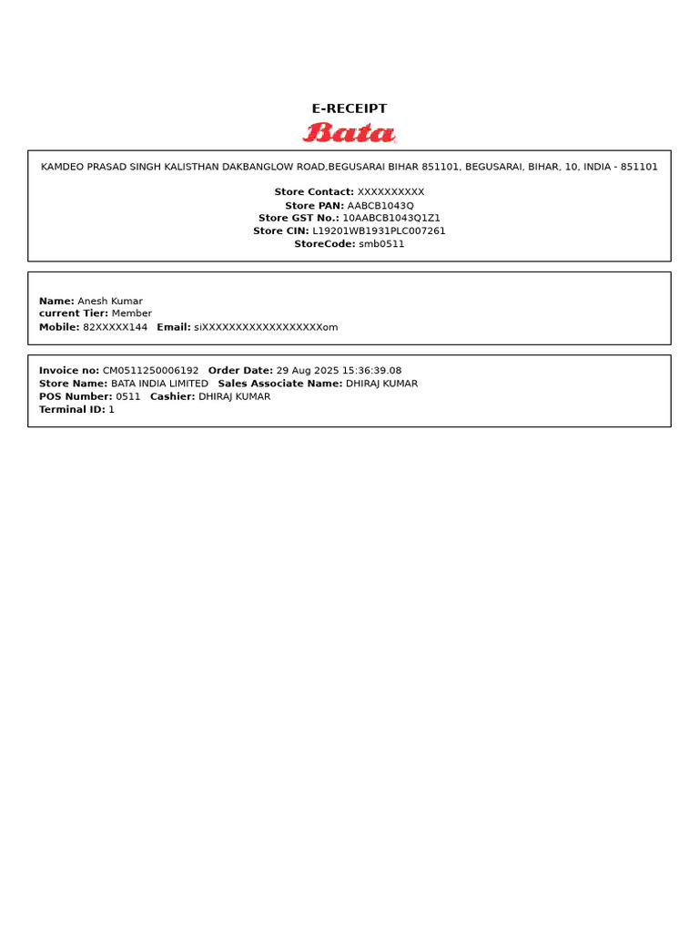 Bata Shoes Invoice and Receipt Details | PDF | Government Finances ...