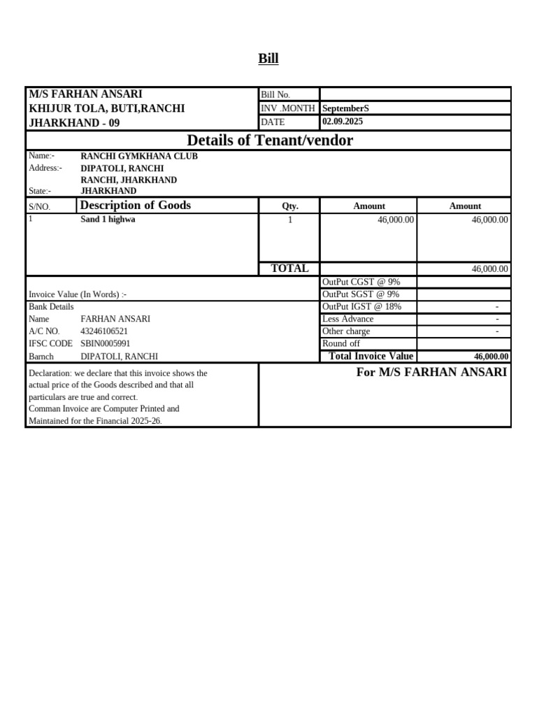Invoice for Sand Supply - September 2025 | PDF