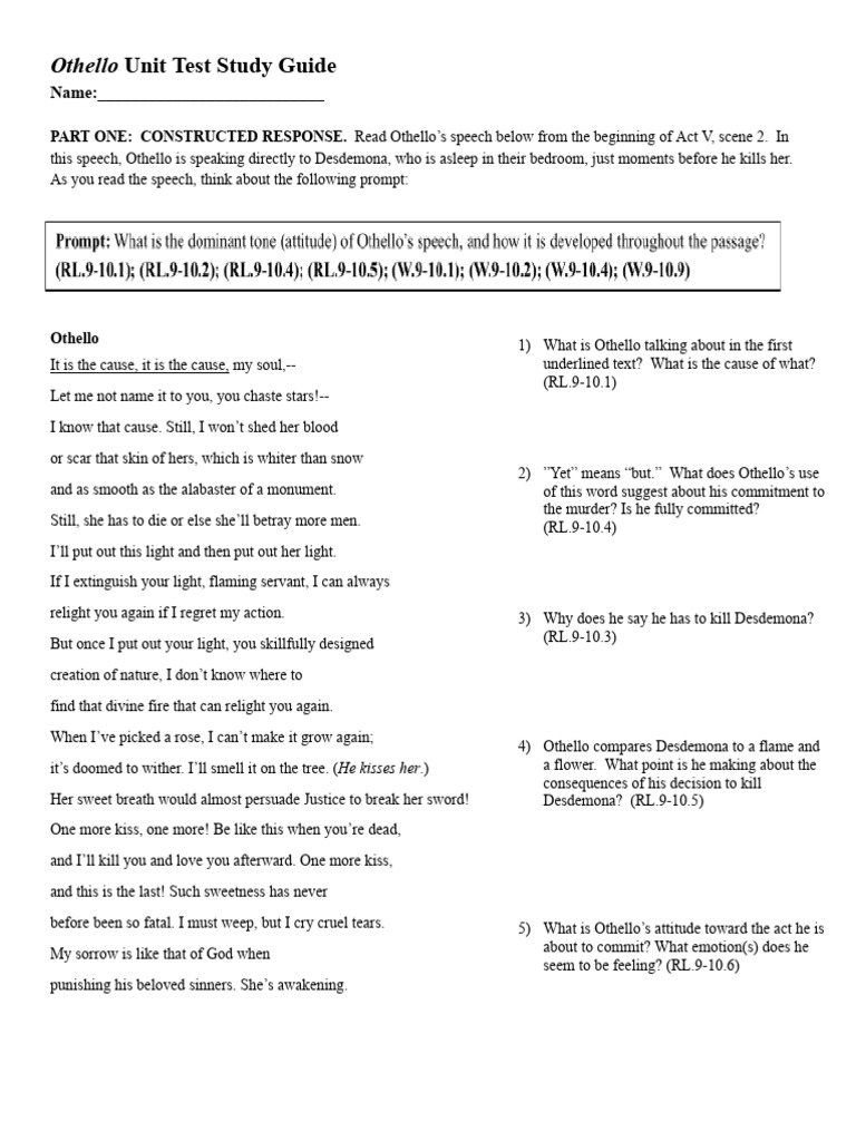 Othello Unit Test Study Guide | PDF | Othello | Emotions