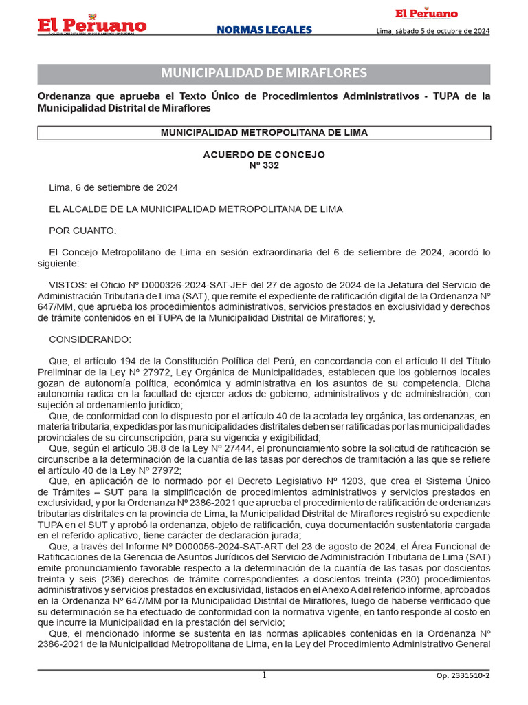 TUPA 2024 Ratificado Ordenanza N 647MM | PDF | Gobierno local | Lima