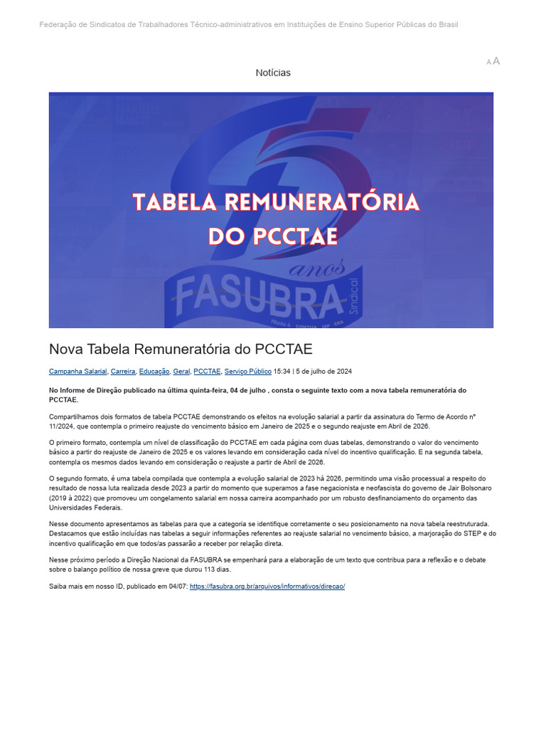 Nova Tabela Remuneratória PCCTAE 2024 | PDF | Sindicato