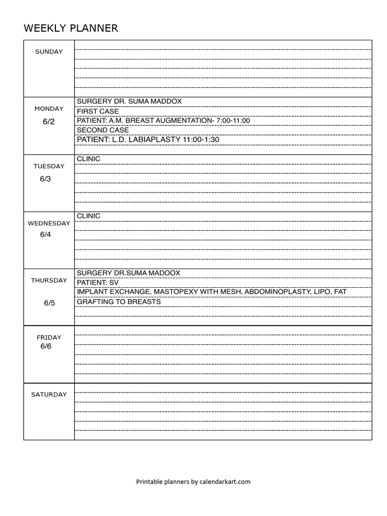 Weekly Surgery Planner Template | PDF