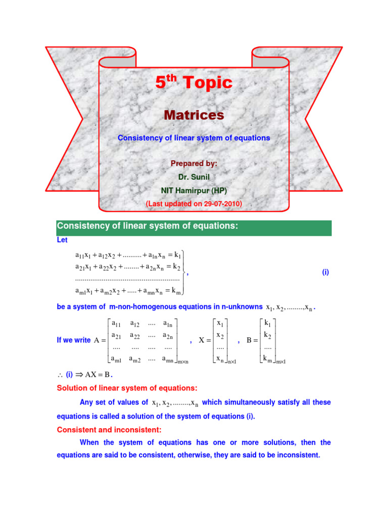 5.Consistency of Linear System of Equations | PDF | System Of Linear Equations | Numerical Analysis