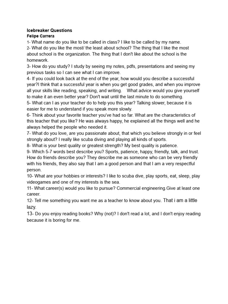 Engaging Icebreaker Questions for Students | PDF