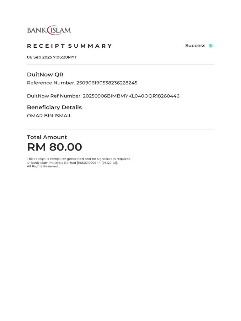 DuitNow QR Receipt Summary - RM 80.00 | PDF