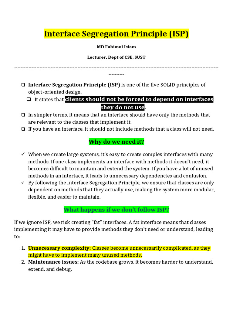 Interface Segregation Principle (ISP) | PDF | Interface (Computing ...