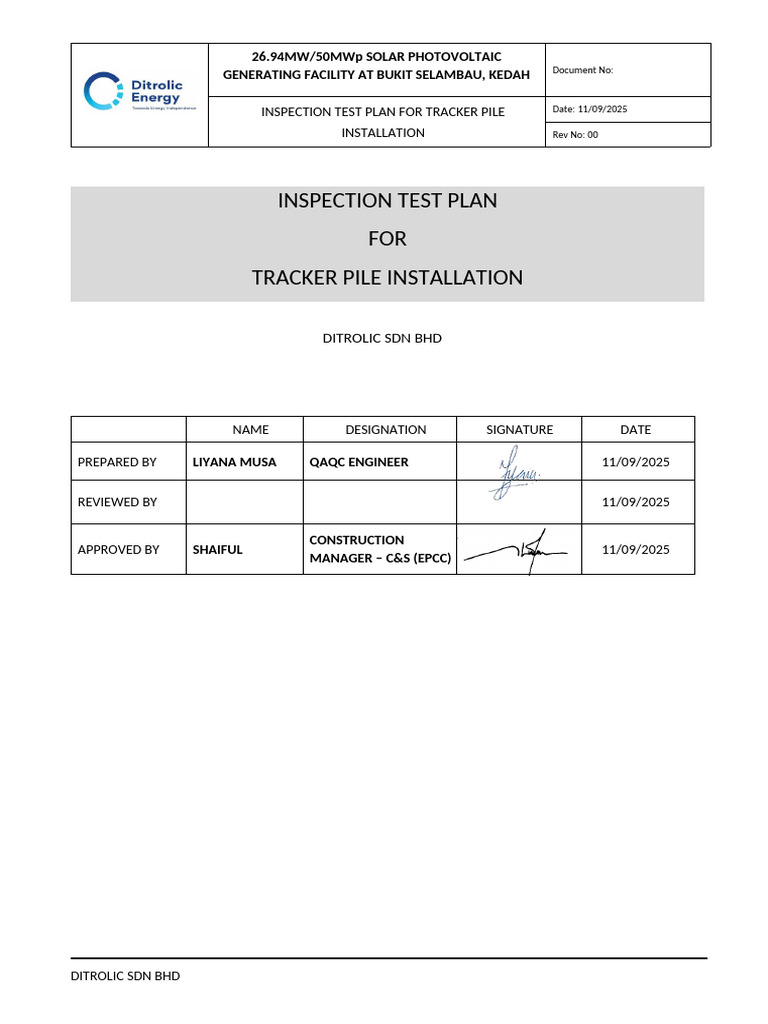 ITP For Tracker Pile Installation R00 | PDF | Photovoltaics ...