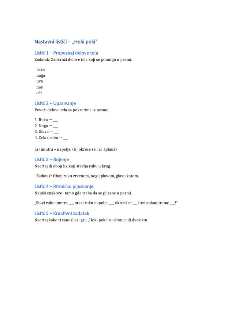 Nastavni Listici Hoki Poki | PDF