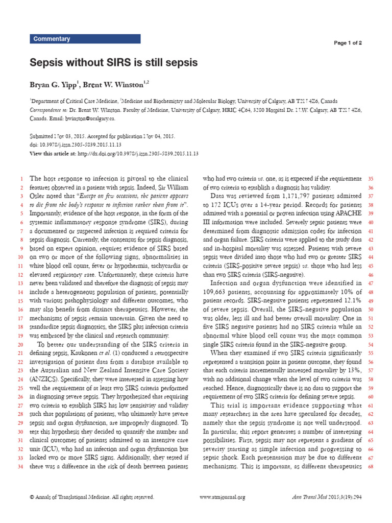 Sepsis Diagnosis: Beyond SIRS Criteria | PDF | Sepsis | Medical Diagnosis