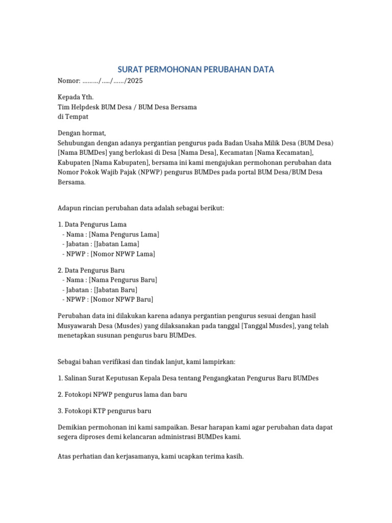 Surat Permohonan Perubahan Data Npwp Bumdes | PDF