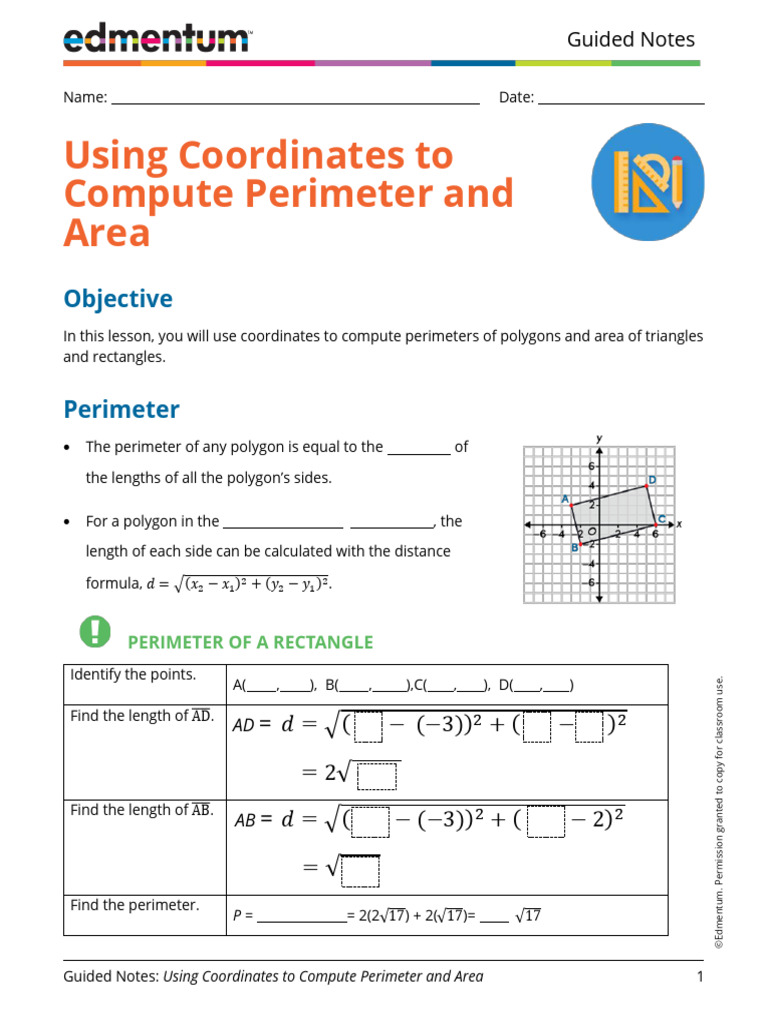 Guided Notes - Using Coordinates To Computer Perimeters and Areas | PDF ...