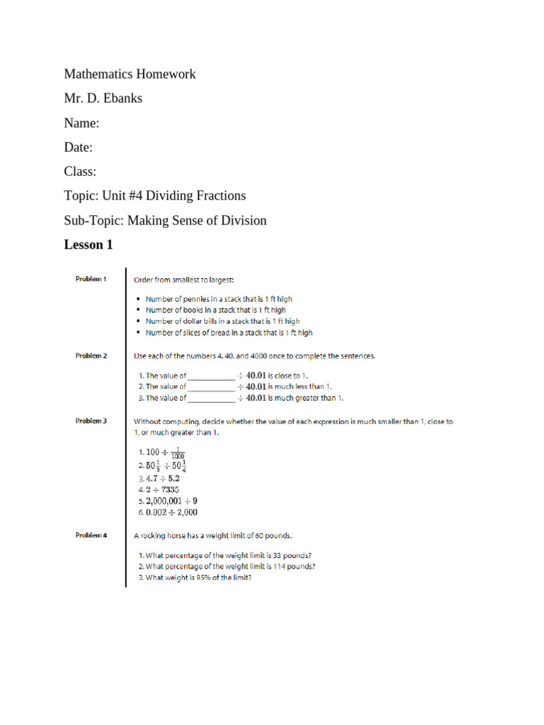 6th Grade Unit 4 Lesson 1 Work | PDF