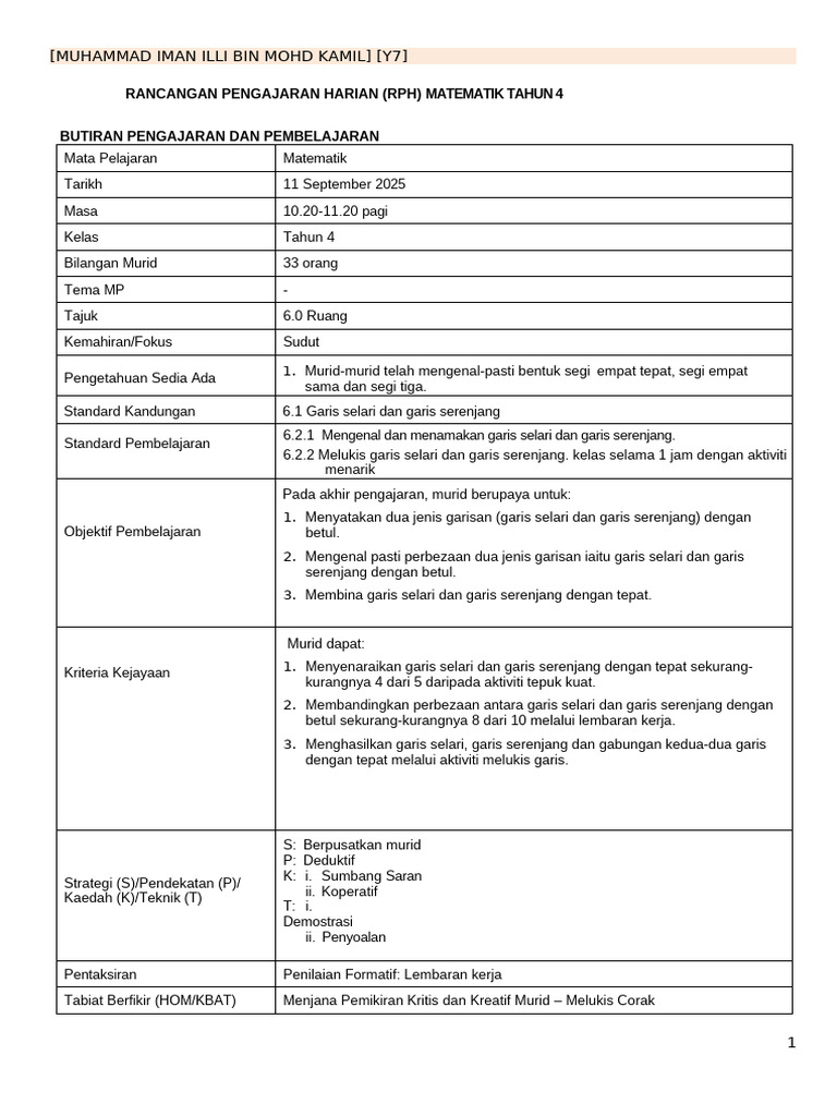 RPH Matematik Tahun 4: Garis Selari & Serenjang | PDF