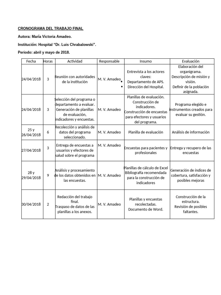 Cronograma Trabajo AMADEO Clase 2 | PDF | Hospital