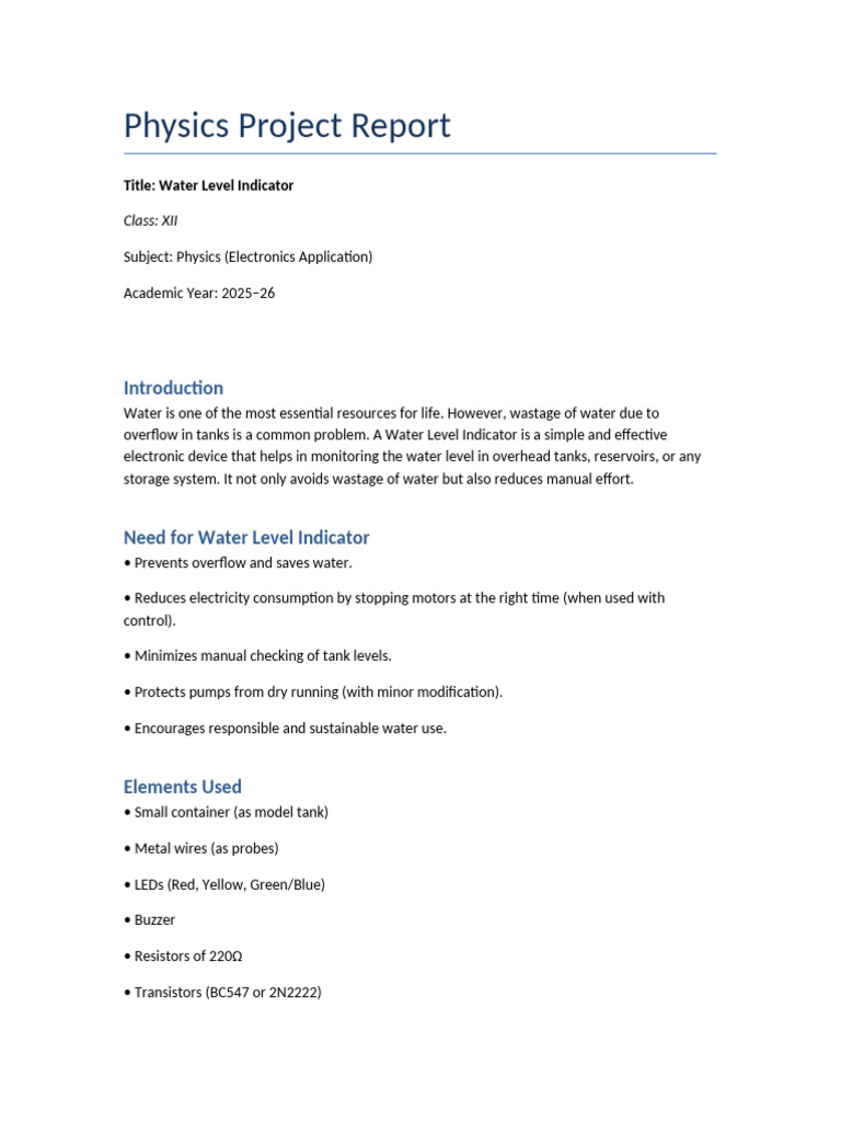 Water Level Indicator Project Report | PDF | Vacuum Tube | Transistor