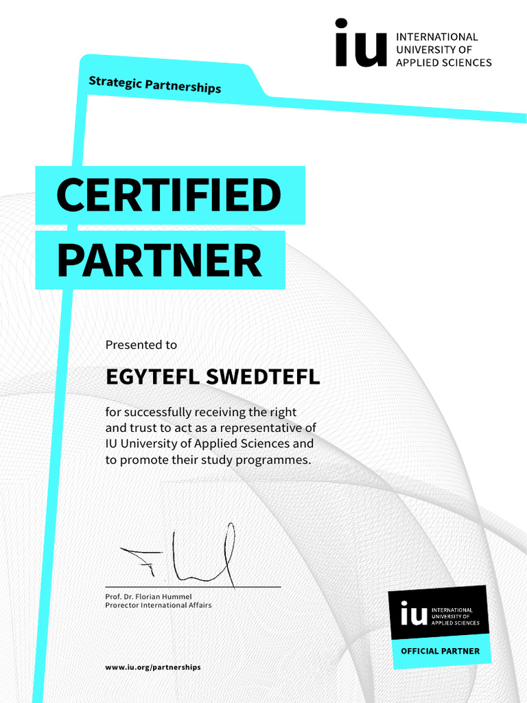 IU Official Partner Certificate EgyTEFL SwedTEFL 02 | PDF