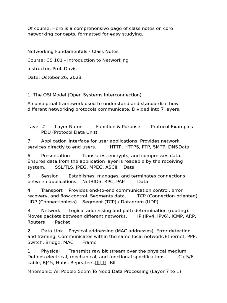 Networking Fundamentals Class Notes | PDF | Internet Protocol Suite ...