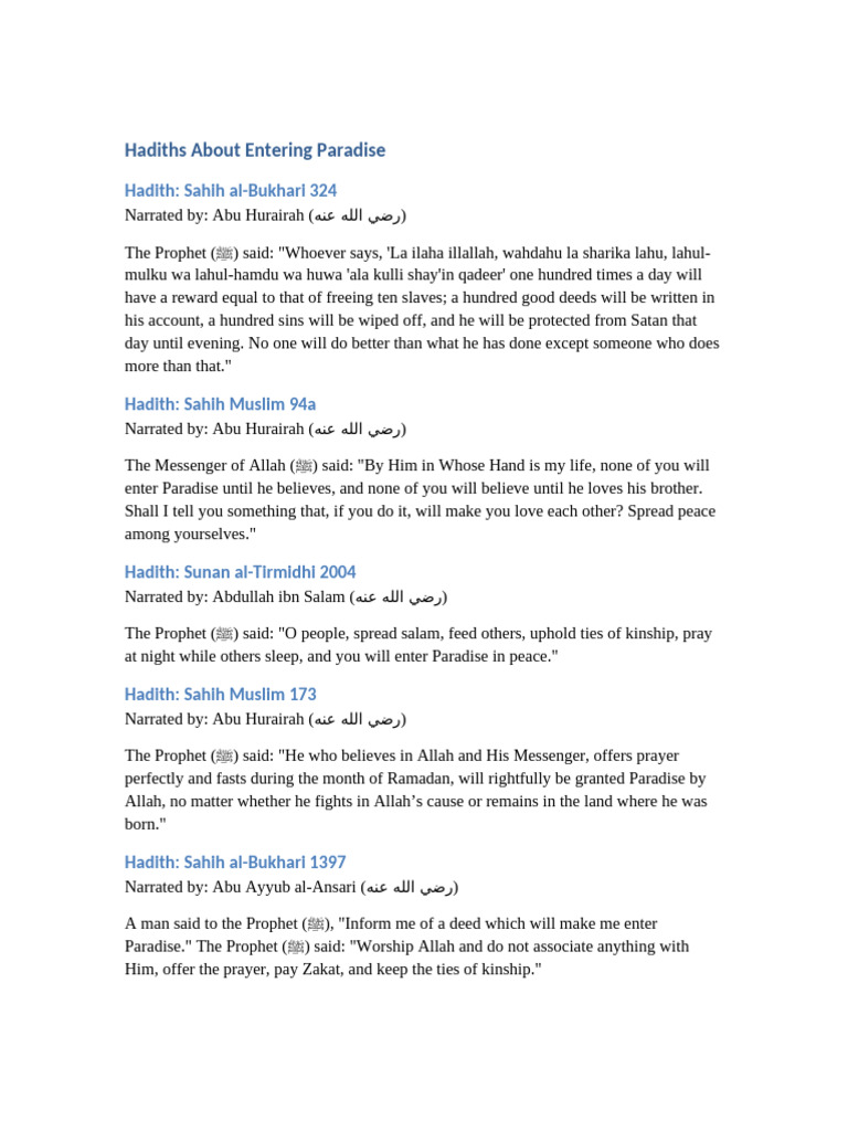 Hadiths Entering Paradise | PDF | Muhammad | Abrahamic Religions