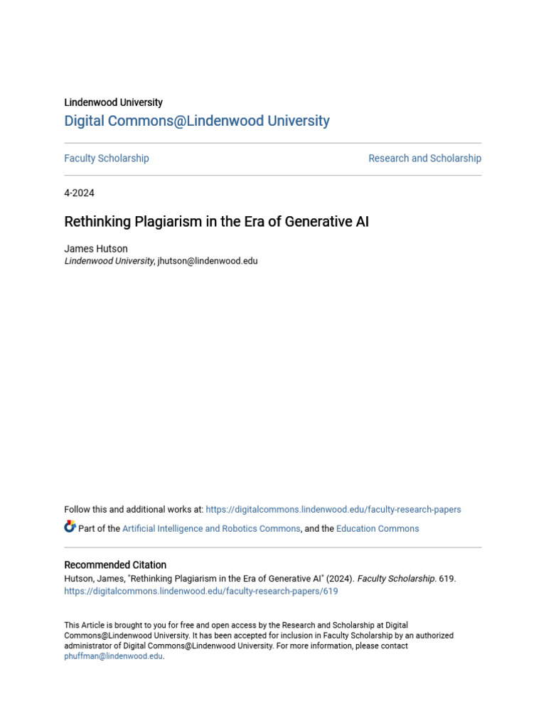 Ass2 Article - Rethinking Plagiarism in The Era of Generative AI | PDF | Plagiarism ...