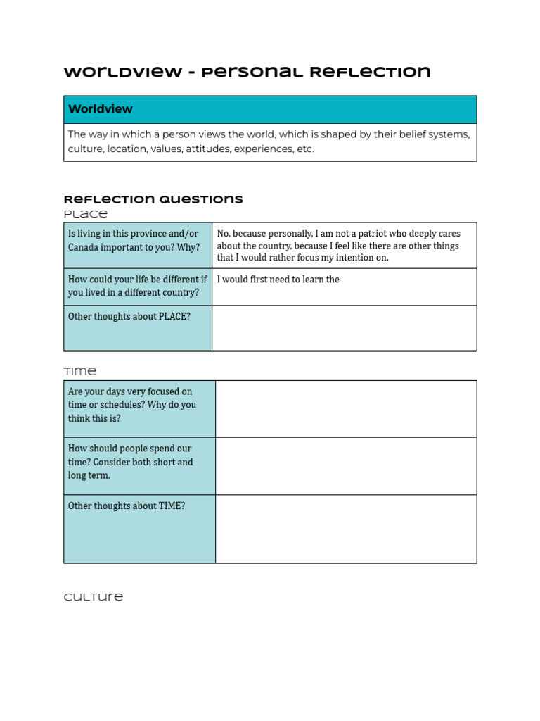 Worldview - Personal Reflection Questions | PDF | Thought | Liberal ...