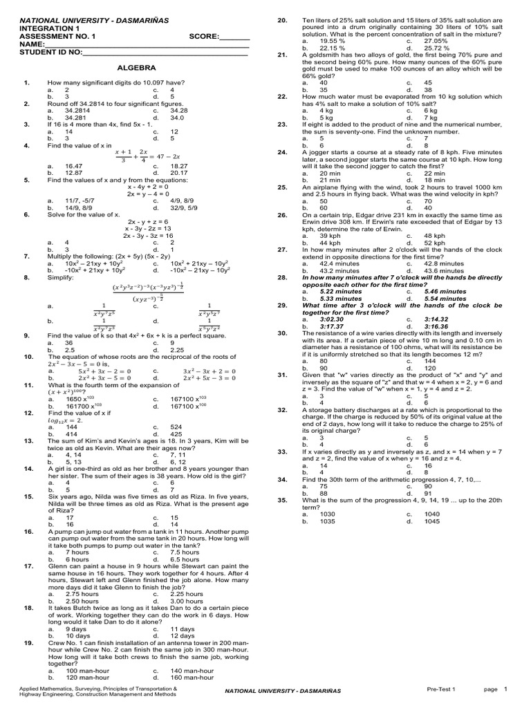 Assessment 1 - Algebra (Q&A) | PDF | Mathematics