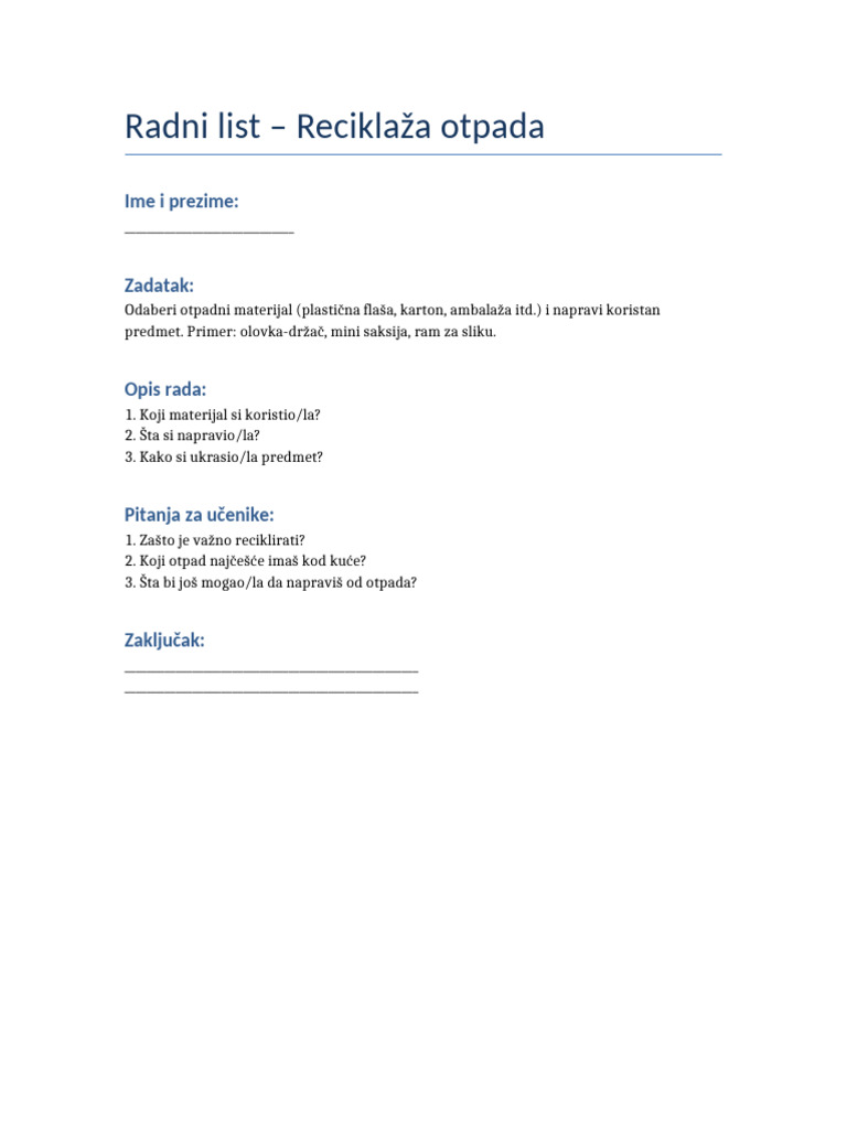 Radni List Reciklaza | PDF