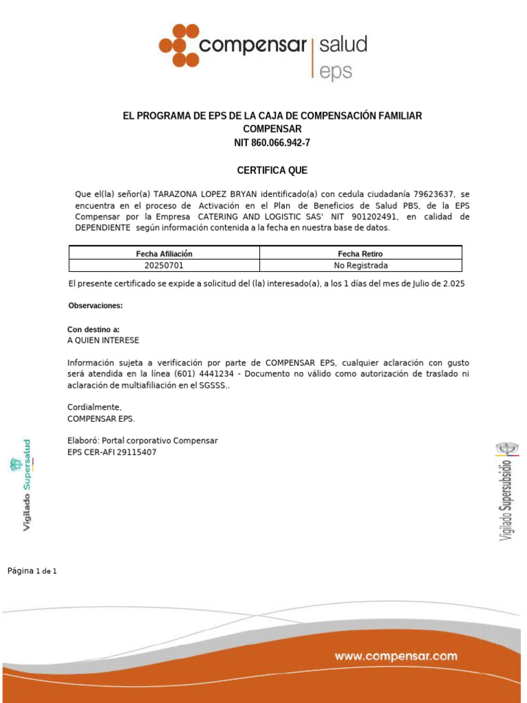 Certificado Eps Compensar Editable | PDF