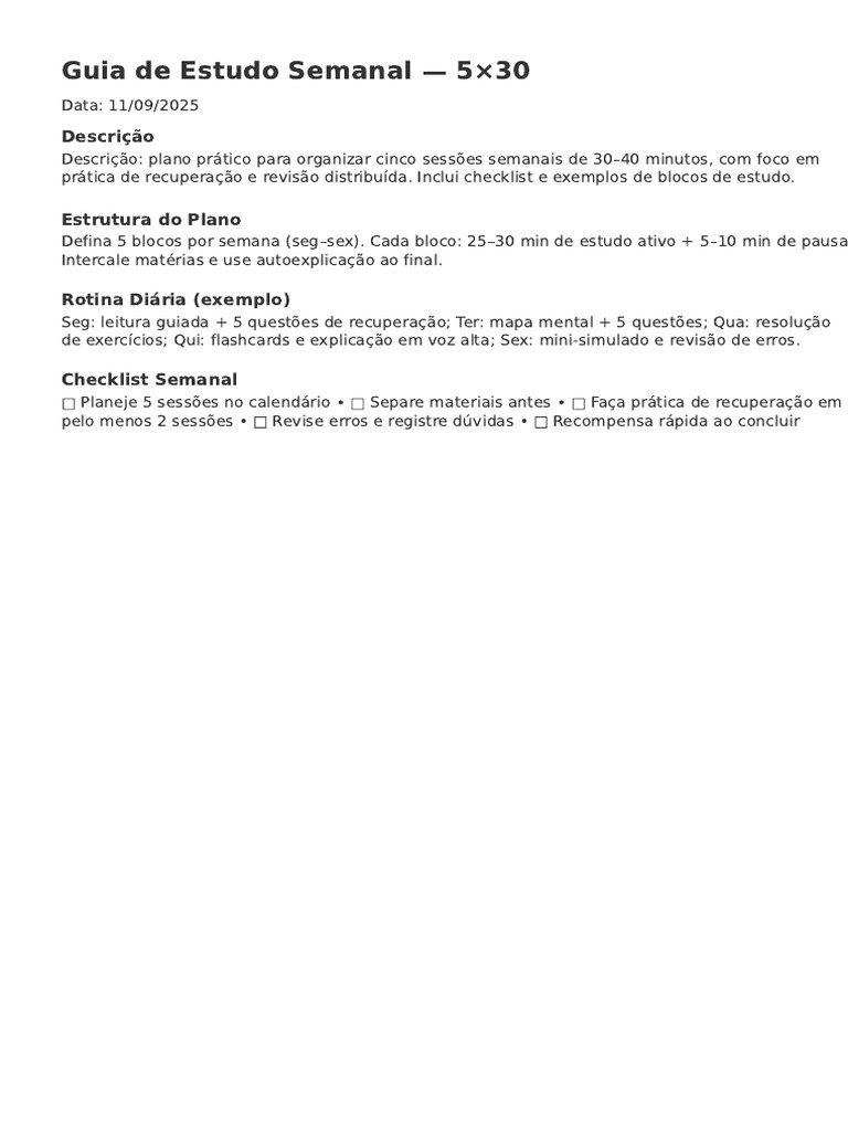 Plano de Estudo Semanal 5x30 Minutos | PDF