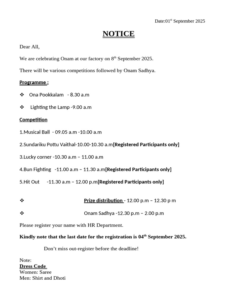 Onam 2025 - Notice | PDF