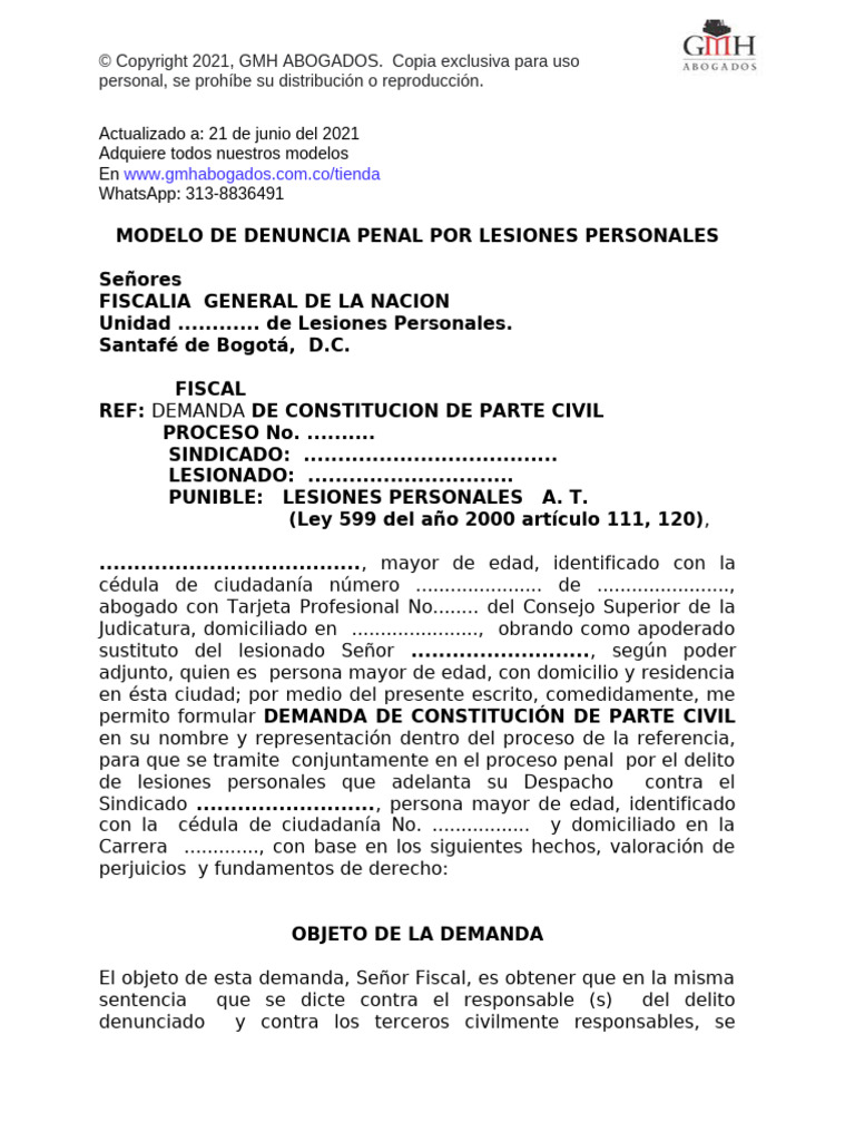 Demanda Penal por Lesiones Personales | PDF | Daños y perjuicios ...
