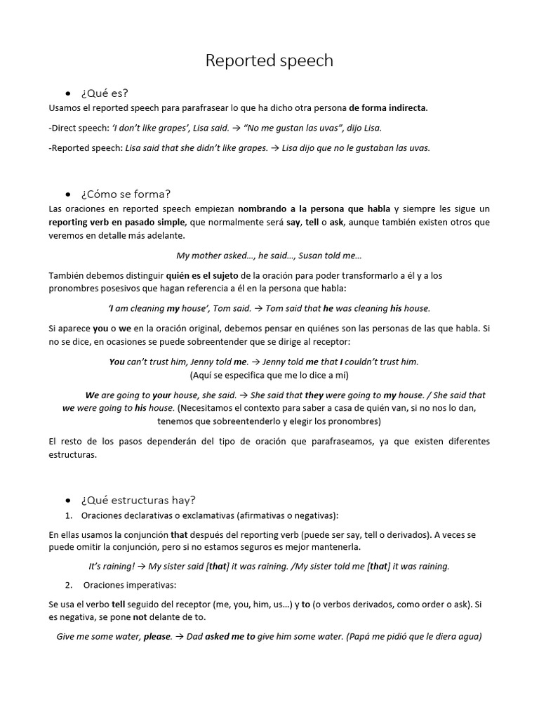 Guía Completa de Reported Speech | PDF | Syntax | Syntactic Relationships