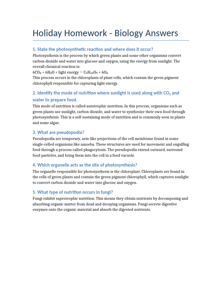 Holiday Homework Biology Answers | PDF