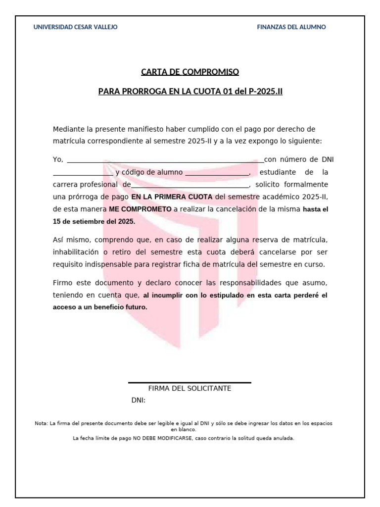 Carta de Compromiso 2025.II (Prorroga de 1ra Cuota) | PDF