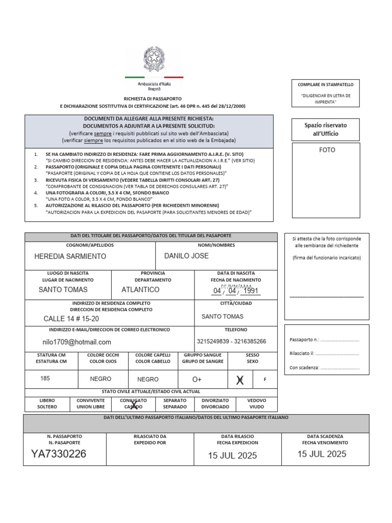 Modulo de Rinnovo Passaporto Italiano | PDF | Gobierno y personalidad ...