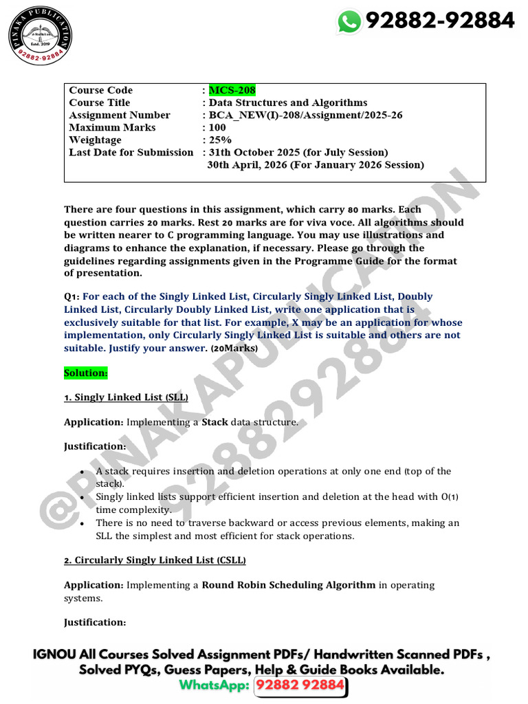 MCS-208 Data Structures Assignment 2025 | PDF | Computing | Algorithms ...