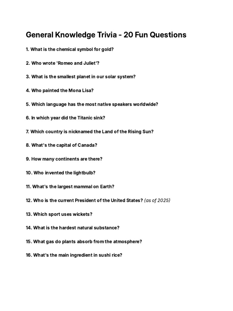 2025 General Knowledge Trivia Quiz | PDF