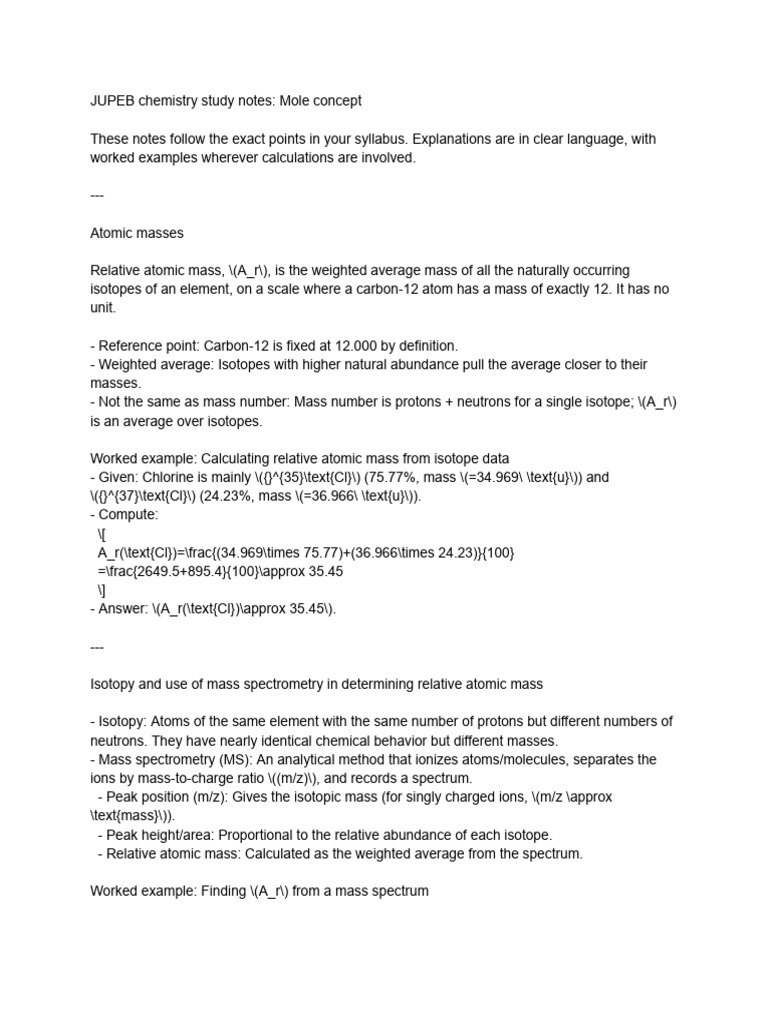 JUPEB Chemistry: Mole Concept Notes | PDF | Mole (Unit) | Chemistry