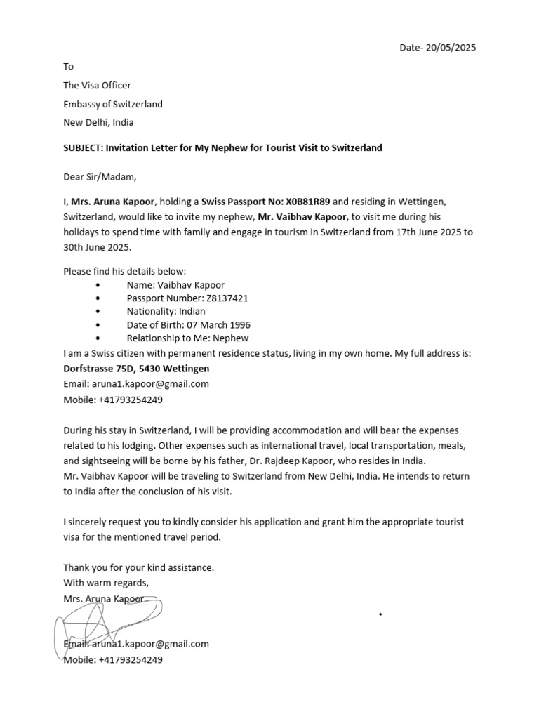 Invitation Letter for Swiss Visa | PDF